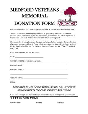 Fillable Online MEDFORD VETERANS MEMORIAL DONATION FORM Fax Email Print ...