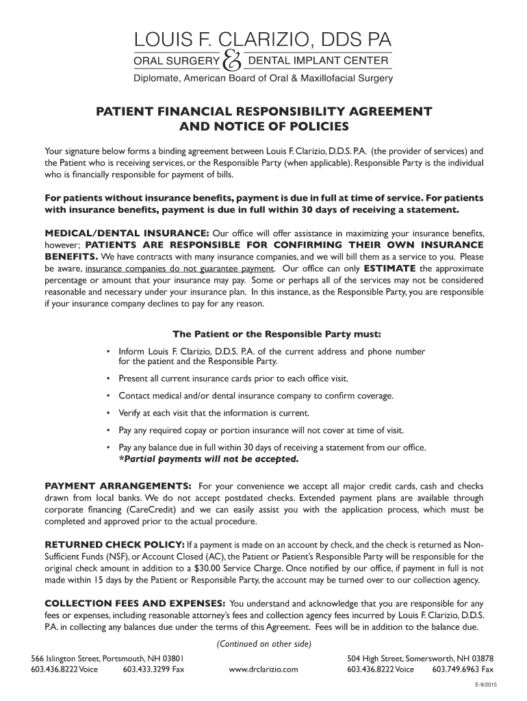 Fillable Online Patient financial responsibility agreement and notice ...