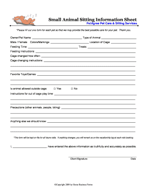 Fillable Online Small Animal Sitting Information Sheet PetAgree Pet ...