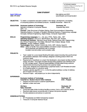 Fillable Online rit BS CS Co-op Student Resume Sample SAM STUDENT ...