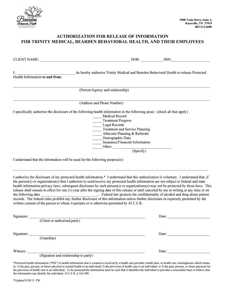 Fillable Online Release of Information-Child - Bearden Behavioral ...