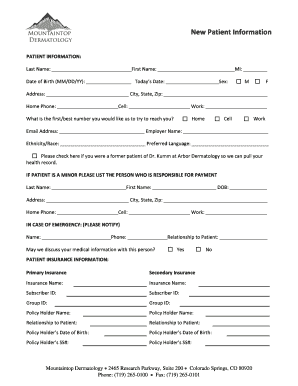 Fillable Online New Patient Information - bmountaintopdermatologybbcomb Fax Email Print - pdfFiller