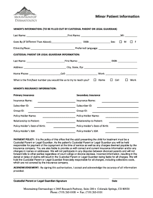 Fillable Online Minor Patient Information ...
