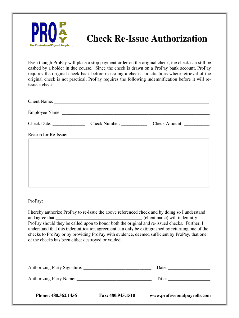 Fillable Online Check ReIssue Authorization Fax Email Print - pdfFiller