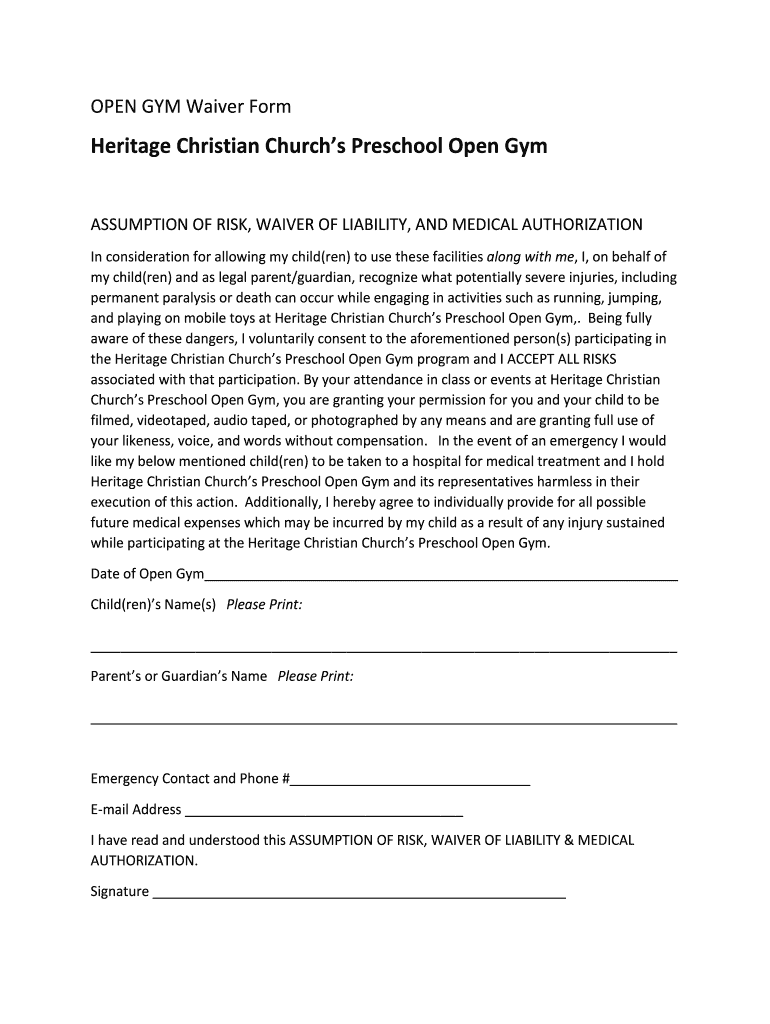 Fillable Online heritagecc OPEN GYM Waiver Form - heritagecc Fax Email ...
