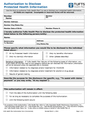 Fillable Online Authorization to bDisclose Protected Healthb bb - Tufts ...