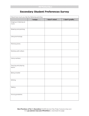 Fillable Online Secondary Student Preferences Survey Fax Email Print ...