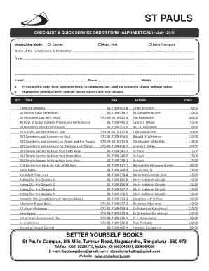 Fillable Online CHECKLIST amp QUICK SERVICE ORDER FORM ALPHABETICAL - July Fax Email Print ...