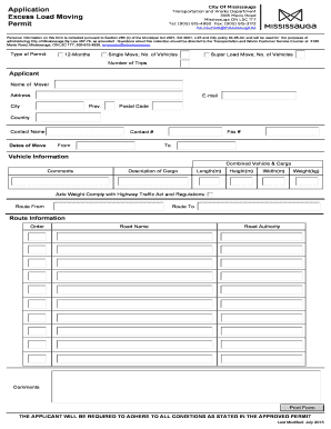 Fillable Online Application Excess Load Moving Permit - Mississaugaca Fax Email Print - pdfFiller
