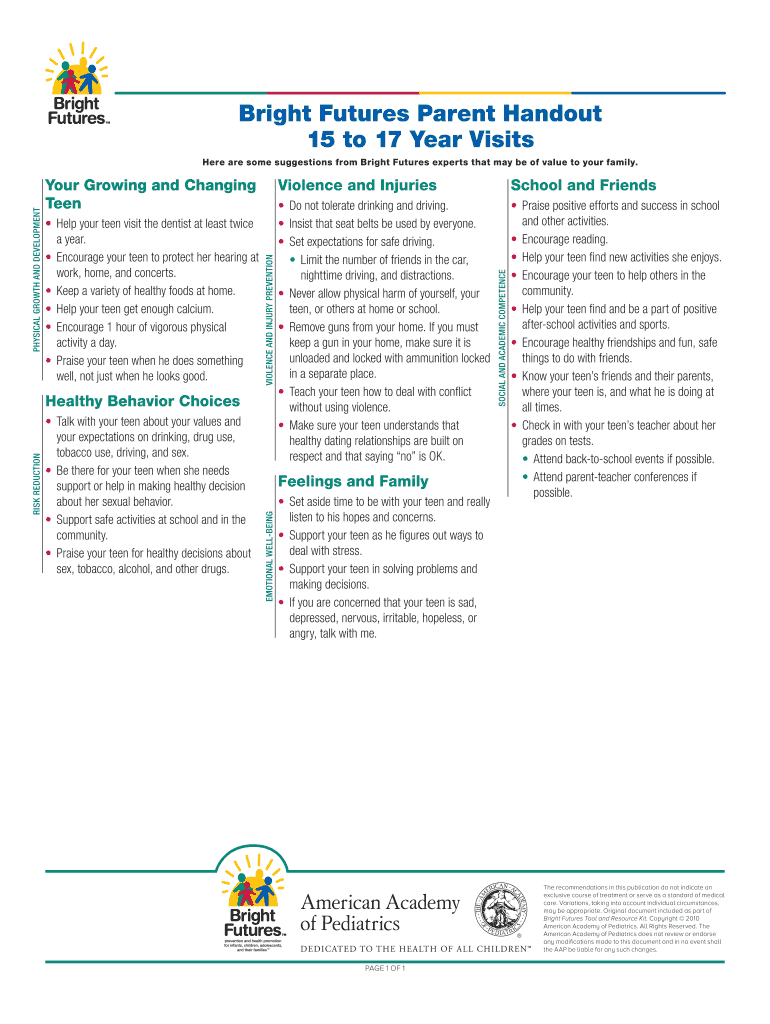 Fillable Online Bright Futures Parent Handout 15 to 17 Year Visits Fax ...