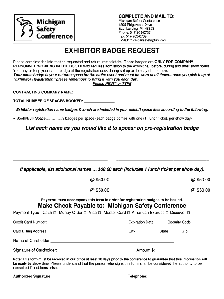 Fillable Online michsafetyconference EXHIBITOR BADGE REQUEST - michsafetyconferenceorg Fax Email ...