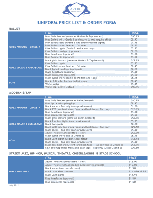 Fillable Online UNIFORM PRICE LIST amp ORDER FORM - Azure Theatre ...