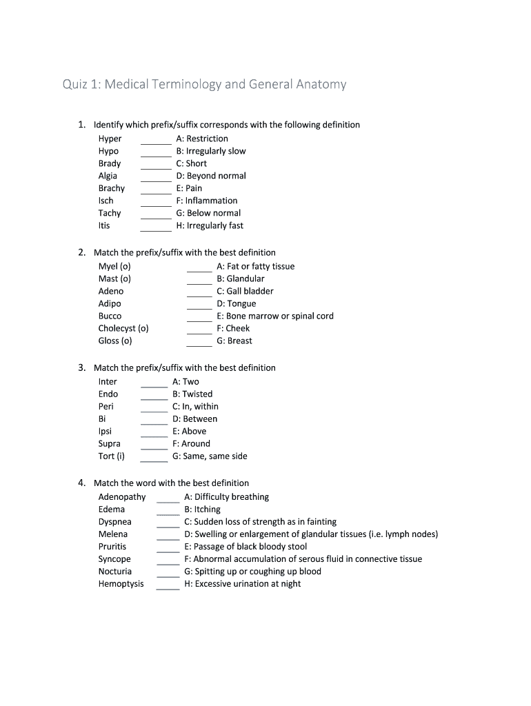 Fillable Online Quiz 1 Medical Terminology And General Anatomy Fillable Online Quiz 1 Medical Terminology And General Anatomy