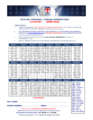 Fillable Online 2015 AFL FOOTBALL TIPPING COMPETITION 10 ENTRY 500 ...
