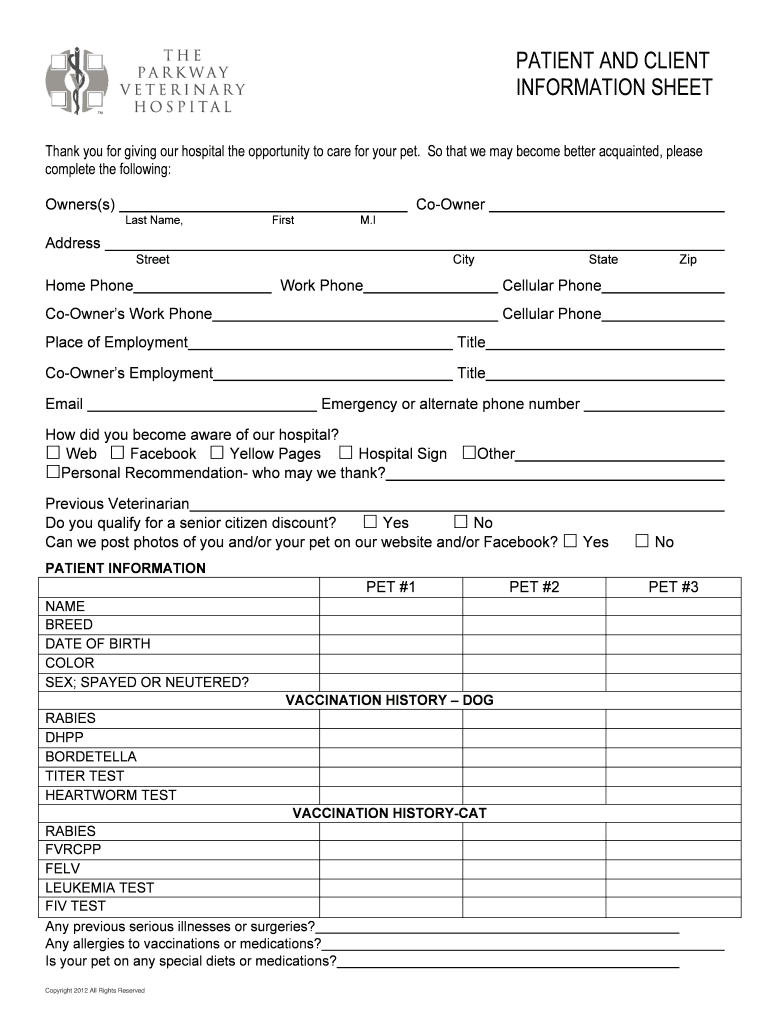 Fillable Online PATIENT AND CLIENT - The Parkway Veterinary Hospital ...
