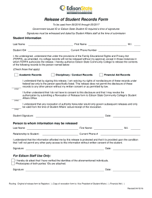 Fillable Online Release of Student Records Form 2016-2017 - Edison ...