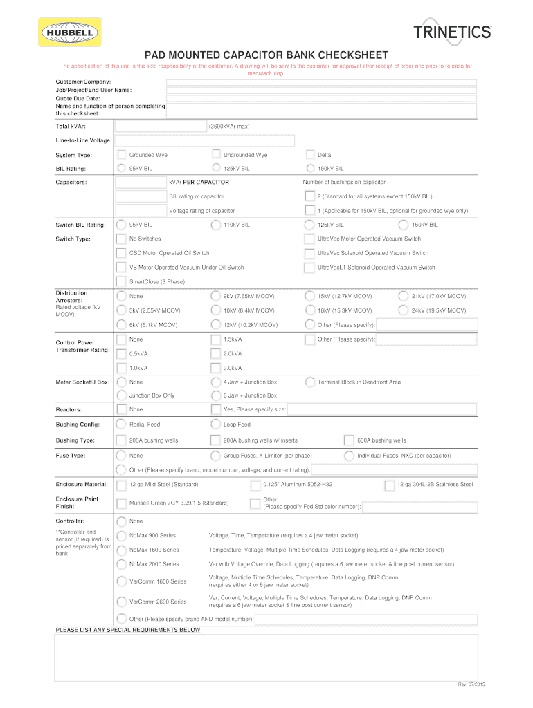 Fillable Online PAD MOUNTED CAPACITOR BANK CHECKSHEET - Trinetics Fax ...