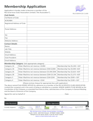 Fillable Online Membership Application - RSL amp Services Clubs Fax ...