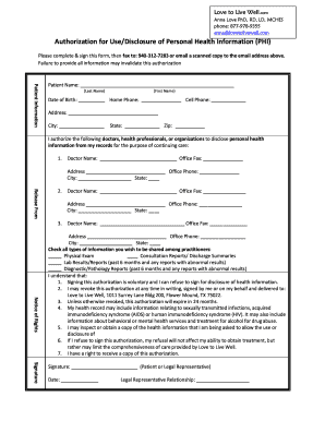 Fillable Online Authorization for Use/Disclosure of Personal Health ...