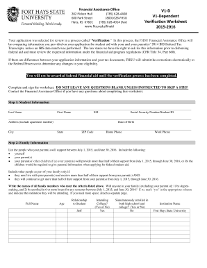 Fillable Online fhsu V1-Dependent Verification Worksheet - Fort Hays State University - fhsu Fax ...
