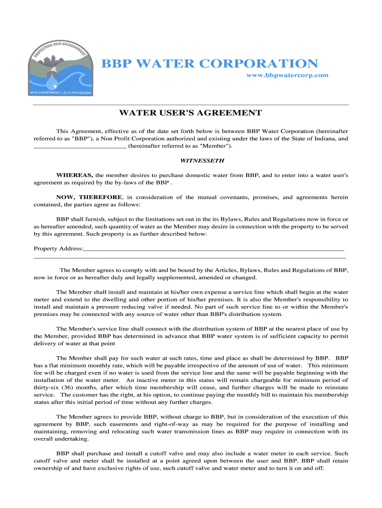 Fillable Online Water Users Agreement - BBP Water Corporation Fax Email ...