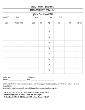 Fillable Online Beef Cattle Entry Form - mossvaleshowcom Fax Email ...