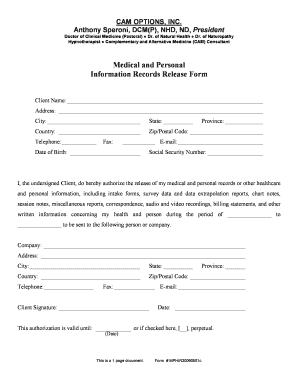 Fillable Online Medical and Personal Information Records Release Form ...