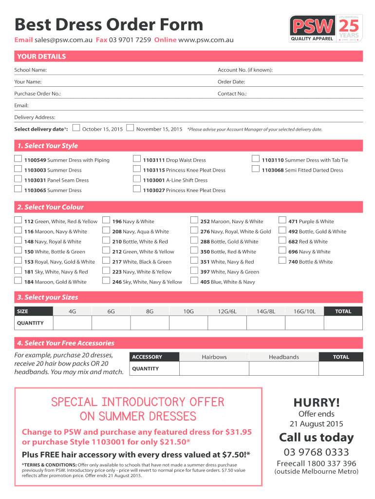 Fillable Online Best Dress Order Form - PSW Fax Email Print - pdfFiller