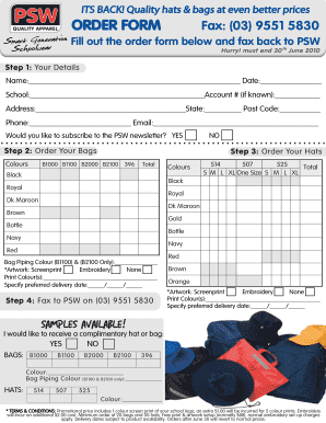 Fillable Online Hat Bag order form - pswcomau Fax Email Print - pdfFiller
