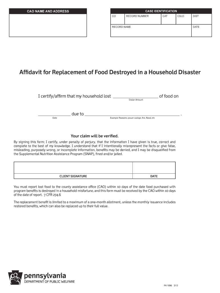 Fillable Online Affidavit for bReplacementb of Food Destroyed in a ...