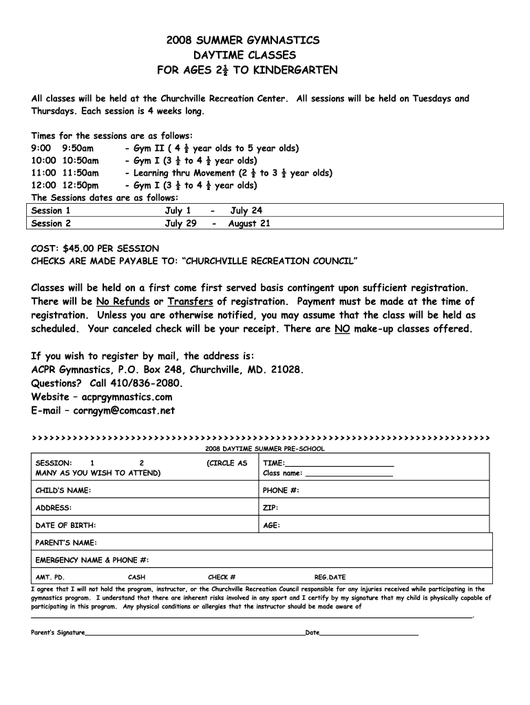 Fillable Online 2008 summer gymnastics daytime classes for ages 2 to kindergarten Fax Email ...