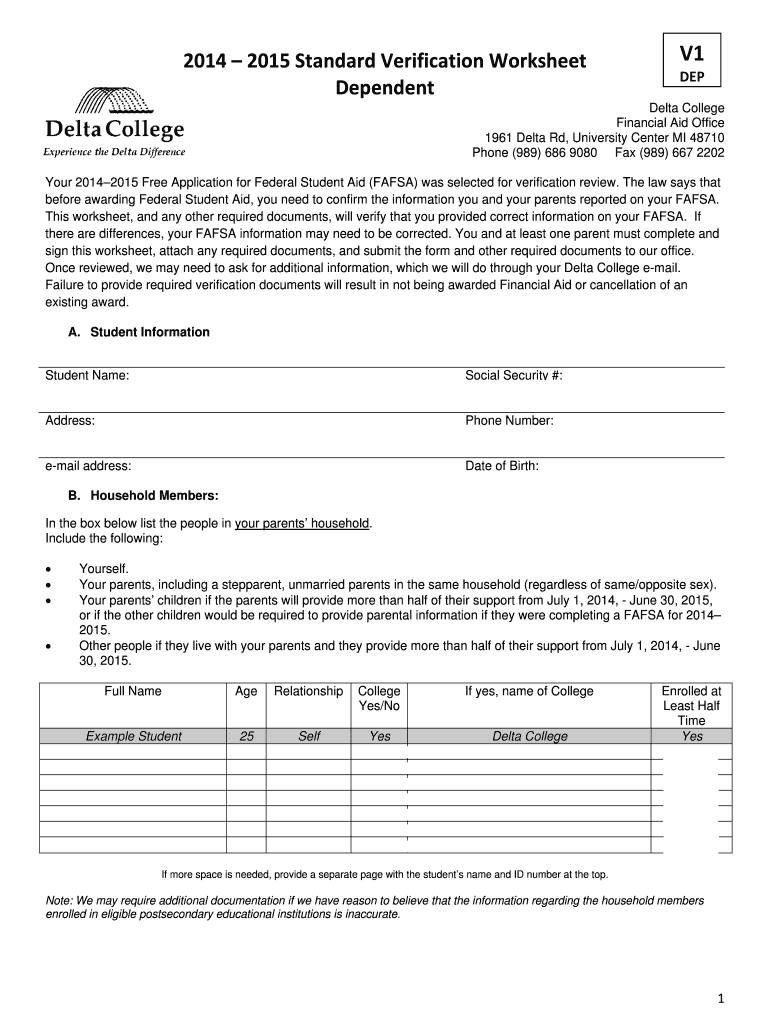 Fillable Online delta 2014 2015 Standard Verification Worksheet bb ...