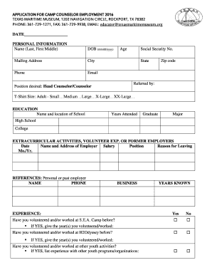 Fillable Online APPLICATION FOR CAMP COUNSELOR EMPLOYMENT 2016 Fax Email Print - pdfFiller