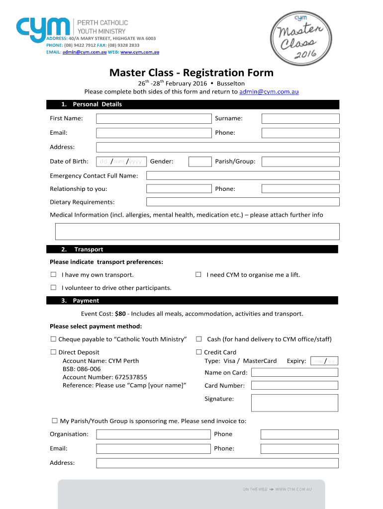 Fillable Online Master Class - Registration Form - bCYMb Fax Email ...