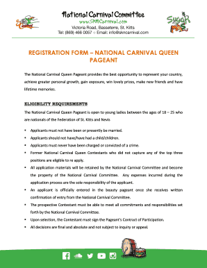 Fillable Online Registration Form - National Carnival Queen Fax Email ...