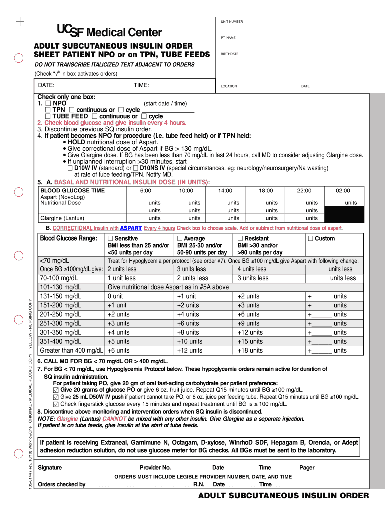Fillable Online UNITNUMBER PTNAME ADULT SUBCUTANEOUS INSULIN ORDER ...