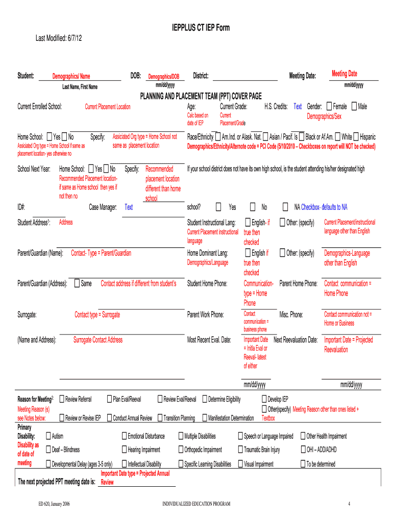 Fillable Online IEPPLUS CT IEP Form PLANNING AND PLACEMENT TEAM (PPT ...