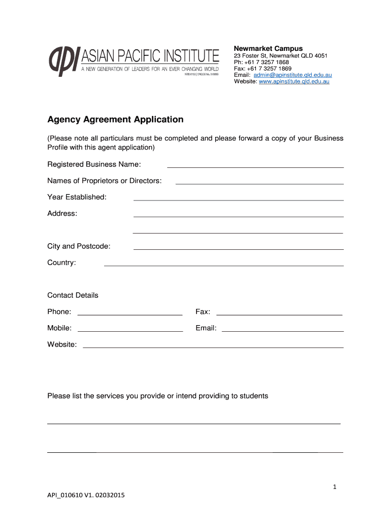 Fillable Online apinstitute qld edu Agency Agreement Application ...