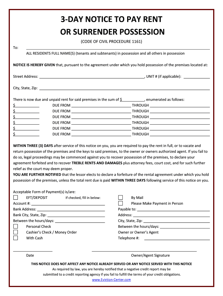 Fillable Online B3b-bdayb notice to bpay rentb or surrender possession ...