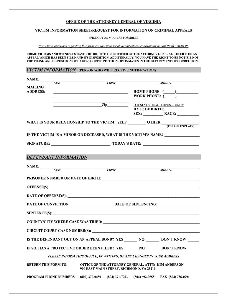 Fillable Online VICTIM INFORMATION SHEETREQUEST FOR INFORMATION ON Fax ...