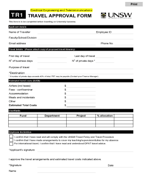 Fillable Online www2 eet unsw edu TR1 Travel Approval form.xlsx Fax ...
