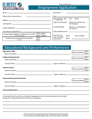 Fillable Online Date of Application Employment Application - bElastecb ...