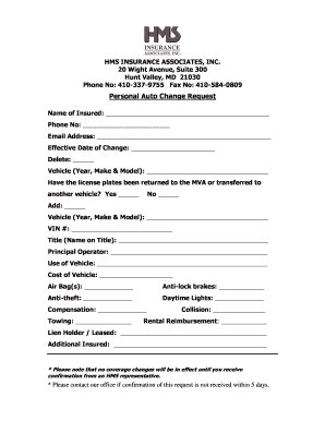 Fillable Online BPersonalb Auto bChange Requestb - HMS Insurance ...