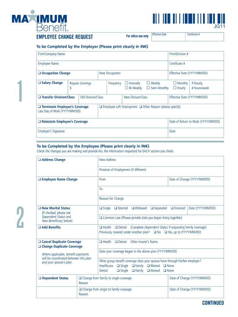 Fillable Online maximumbenefit Employee bchange requestb continued ...
