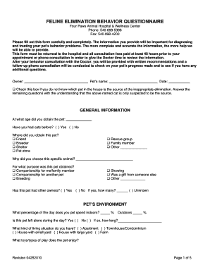 Fillable Online fourpawsonline Feline Elimination Questionnaire - Four ...