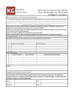 Fillable Online kgss BDeclarationb of Contamination - KG Safety ...
