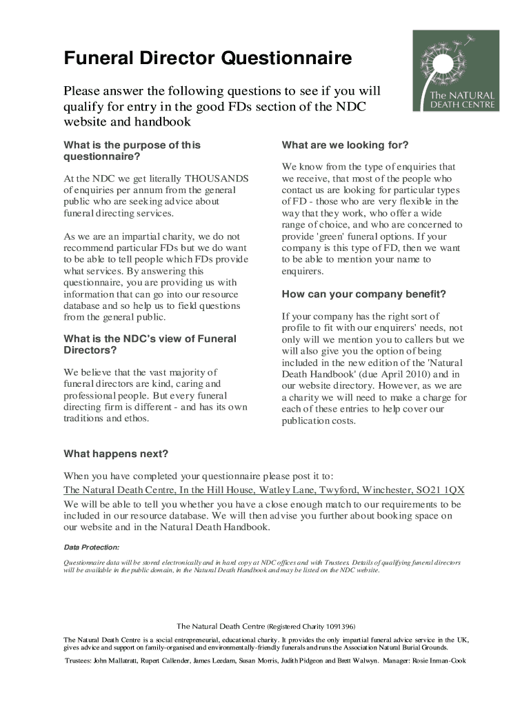 Fillable Online Funeral Director Questionnaire - Natural Death Centre ...