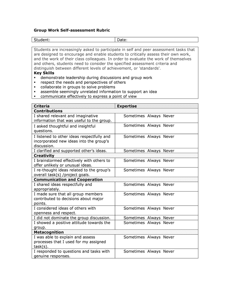 Fillable Online Group Work Self assessment Rubric Fax Email Print