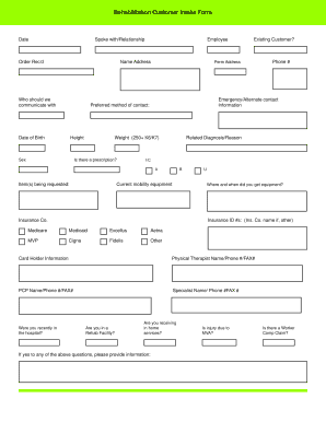 Fillable Online Rehabilitation Customer Intake Form Fax Email Print ...