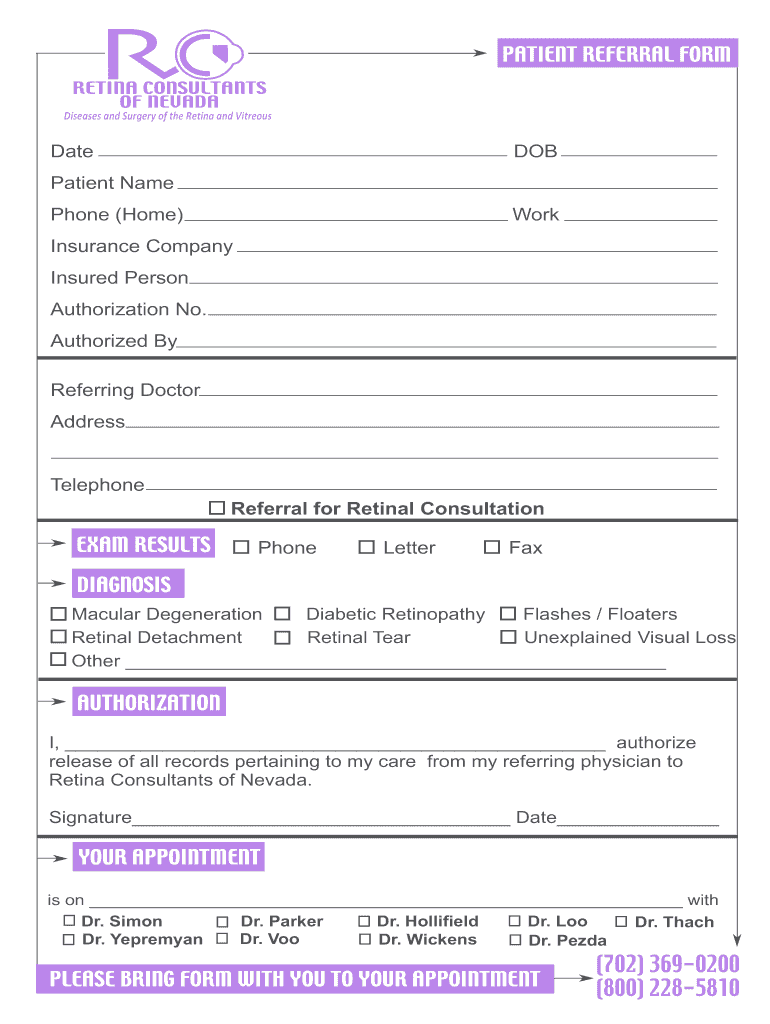 Fillable Online PATIENT REFERRAL FORM - Retina Consultants of Nevada ...
